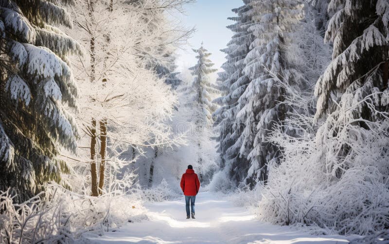 Silhouette of a Man on a Winter Walk in the Forest, Back View ...