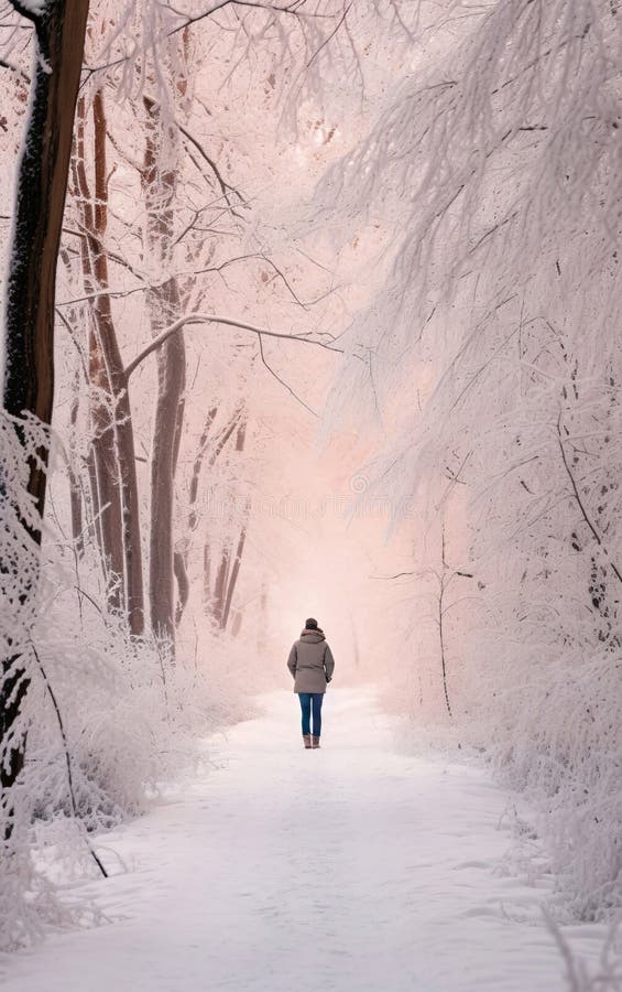 Silhouette of a Man on a Winter Walk in the Forest, Back View ...