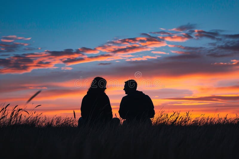 Silhouette Man and Woman Sitting Against a Dramatic Sunset, Created by ...