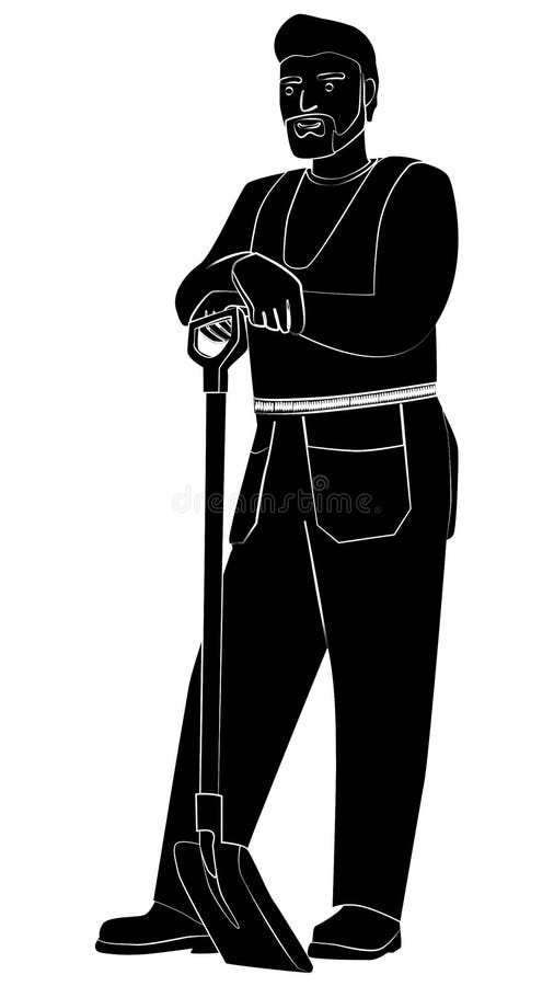 Silhouette of Man in Work Overalls Stands Leaning on Shovel, Isolated ...