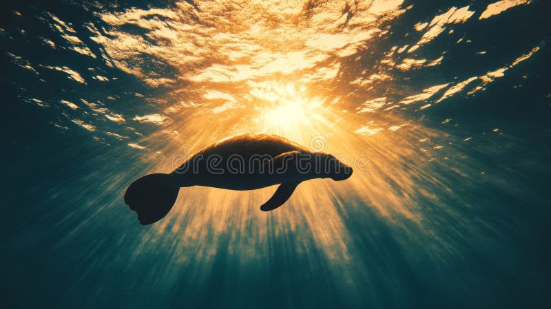 Silhouette of a Manatee Swimming Underwater during a Golden Sunset ...
