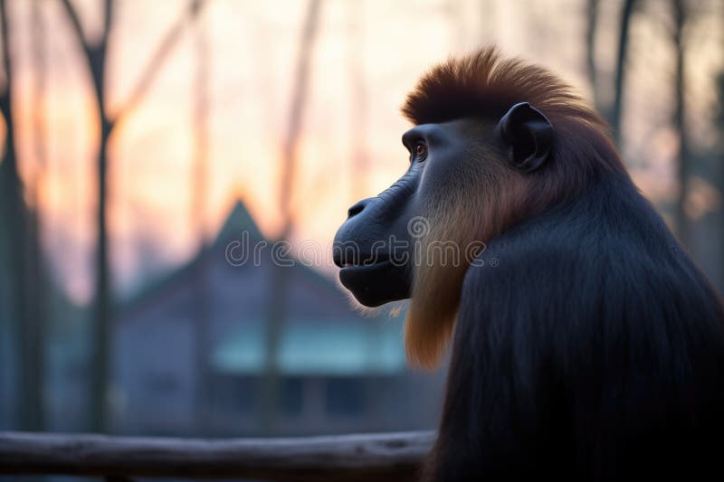 Silhouette of a Mandrill at Dusk with Forest Backdrop Stock ...