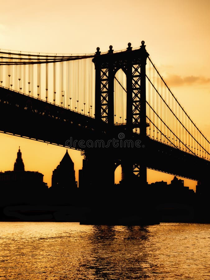 Silhouette of the Manhattan Bridge in New York at Sunset Stock Photo ...