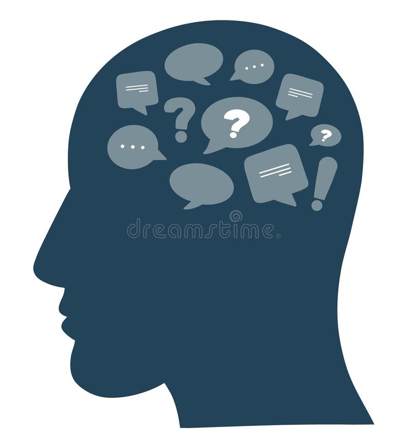 Silhouette of Mans Head with Questions and Thoughts in Brain, Business ...