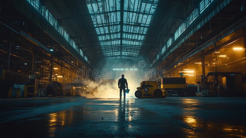 Silhouette of Manufacturing Engineer in Large Industrial Space ...