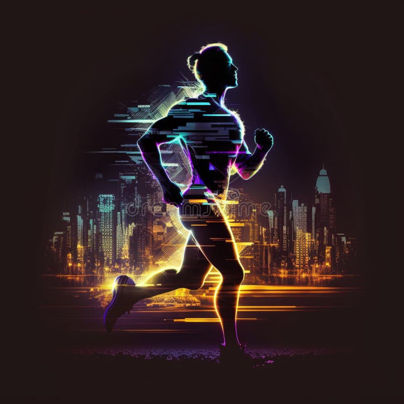 Silhouette of a Marathon Runner in a City, Vector Illustration, Double ...