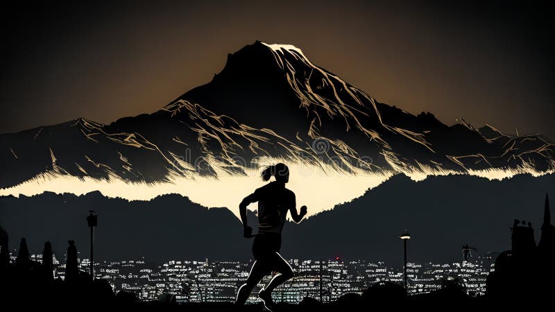 Silhouette of Marathon Runner Running in the City and the Mountains. AI ...