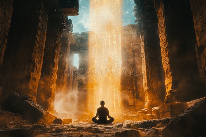 Silhouette Meditating in Ancient Ruins with Cascading Golden Light ...