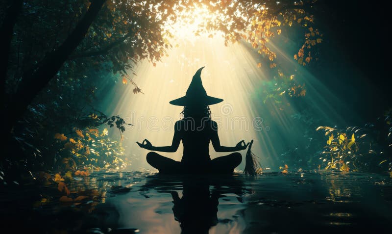 Silhouette of a Meditating Witch in a Mystical Forest with Sunlight ...