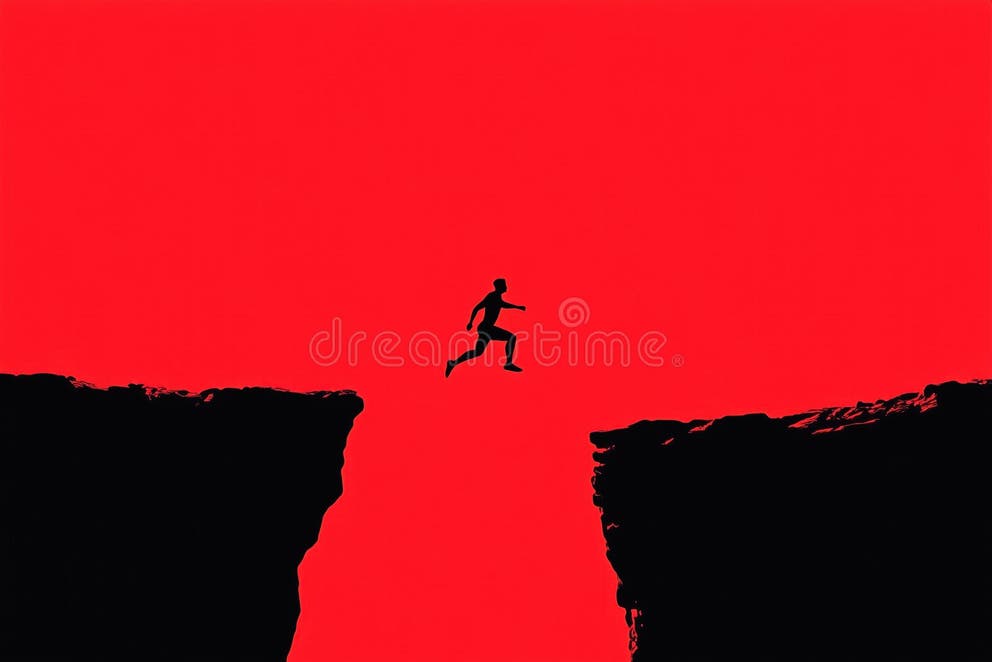 Silhouette of a Men Jumping Over Gap between Two Cliffs on Red ...