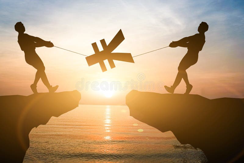 Silhouette Men Pull China Yuan Sign on Mountain with Sunlight. Yuan is ...