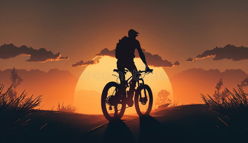 Silhouette Men Ride Bicycle at Sunset, Generative Ai Stock Illustration ...