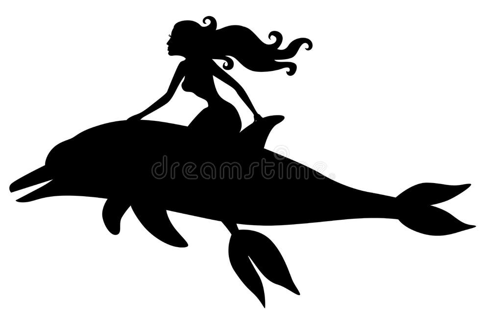Silhouette of a Mermaid Riding a Dolphin Stock Vector - Illustration of ...