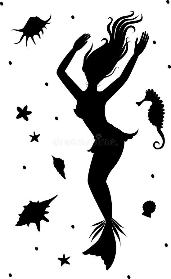 Mermaid And Shell Silhouette Stock Vector - Illustration of isolated ...