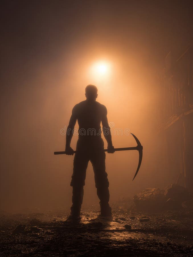 Silhouette of Miner Holding Pickaxe at Dusk in Underground Mine with ...