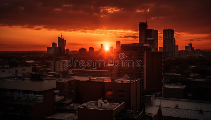 Silhouette of Modern City Skyline at Dusk, Back Lit by Sunset Generated ...