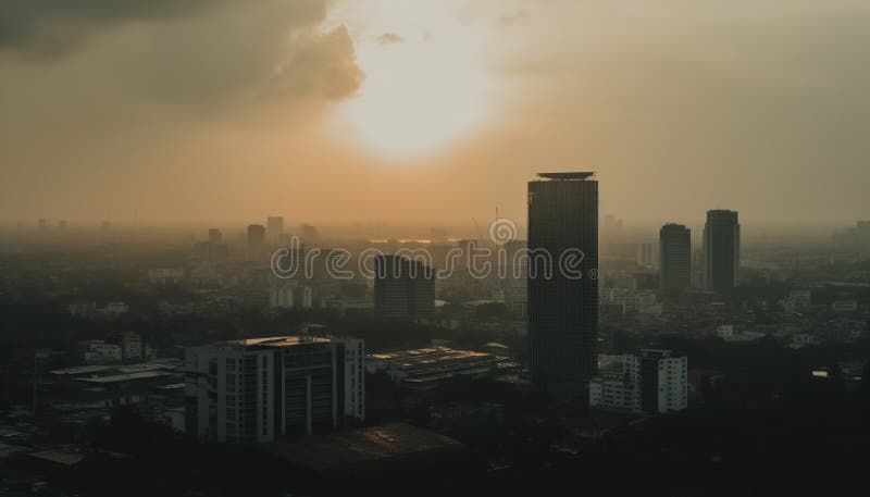 Silhouette of Modern City Skyline at Dusk, Backlit by Sunset Generated ...