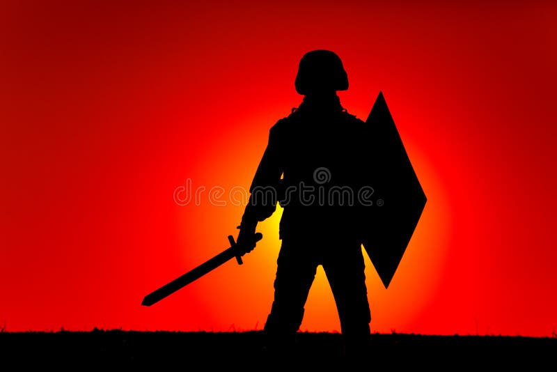 Silhouette of Army Soldier with Sword and Shield Stock Image - Image of ...