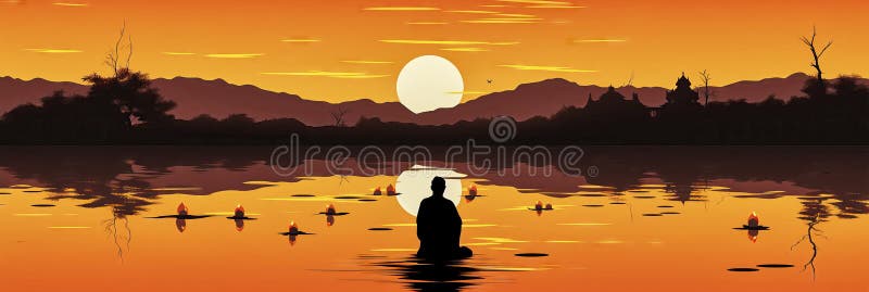 Silhouette of a Monk Observing the Setting Sun in the Shallow Waters of ...