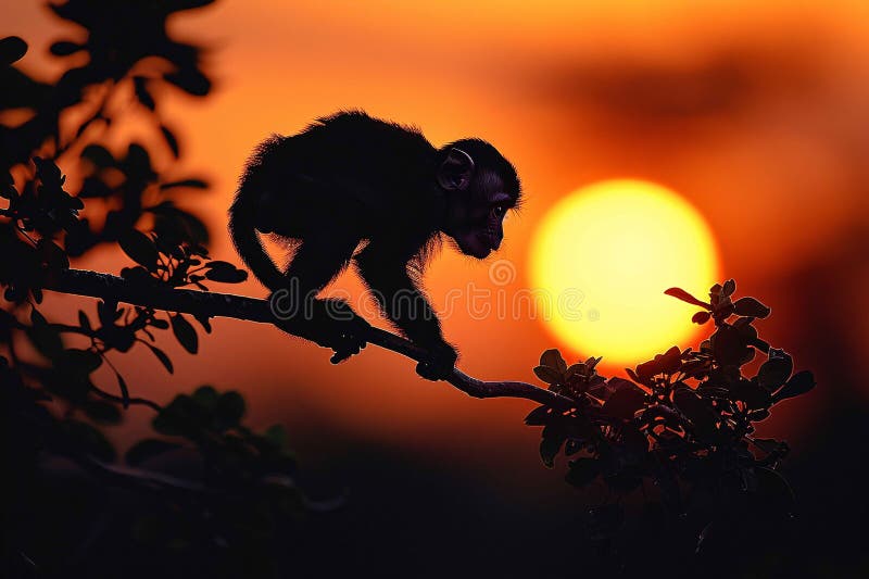 Silhouette of Monkey, Sunset Backdrop. Stock Illustration ...