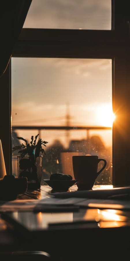 Silhouette of a Morning Work Desk with Essential Items. Stock ...