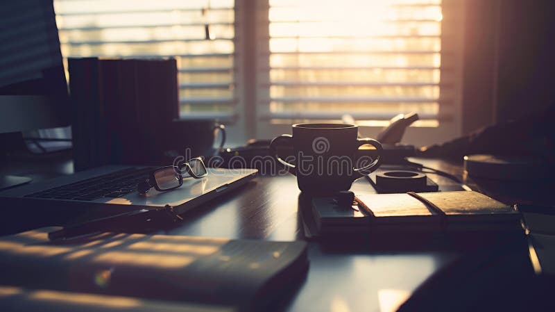 Silhouette of Morning Work Essentials on a Clean Desk. Stock ...
