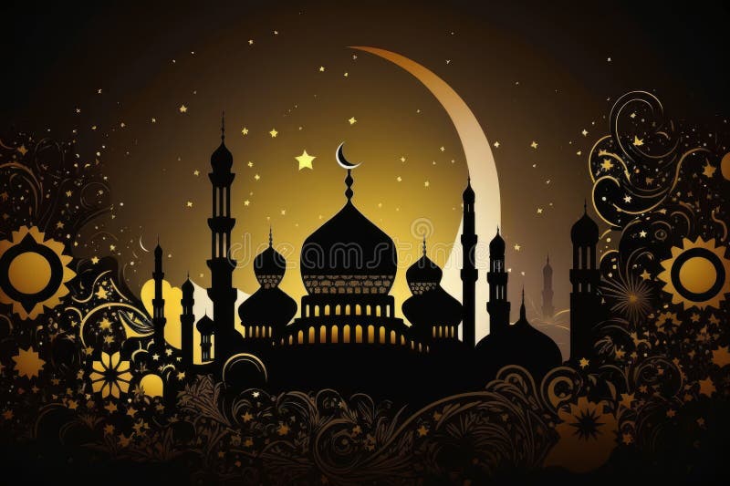 Silhouette Mosque Illustration with Crescent Moon Background for Eid ...