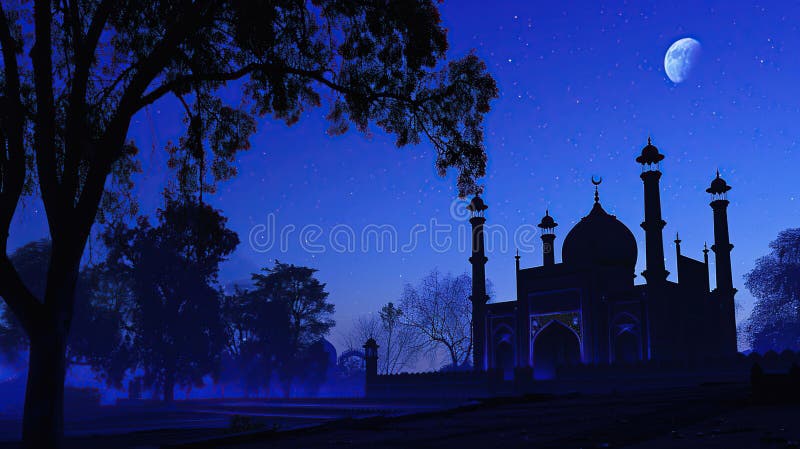 Islamic Night Scene Featuring a Mosque Silhouette and Crescent Moon ...