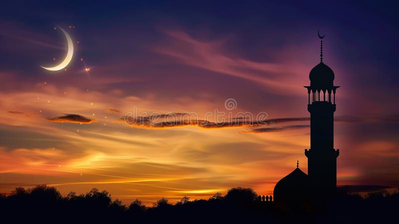 Islamic Night Scene Featuring a Mosque Silhouette and Crescent Moon ...