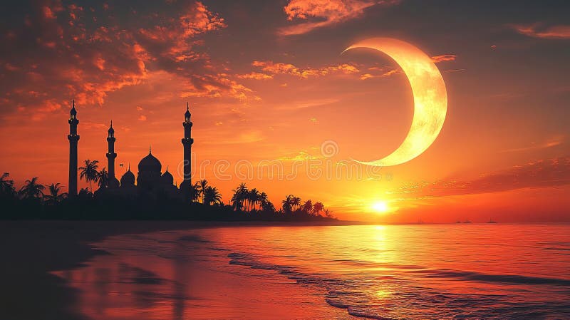 Silhouette of Mosque at Sunset with Crescent Moon Stock Image - Image of view, calm: 366191521