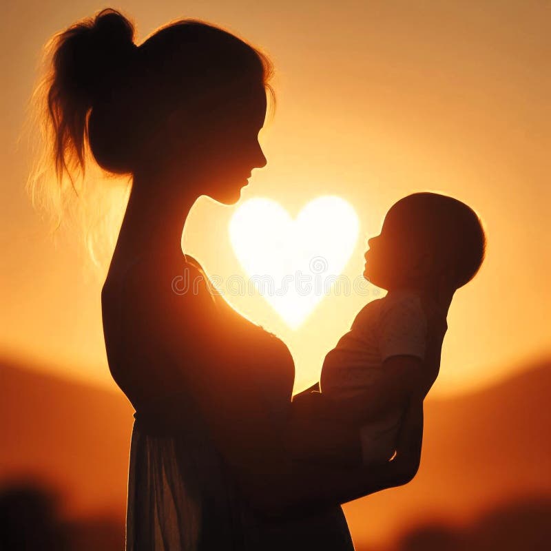 Silhouette of Mother and Baby with Heart Shape Sunlight at the Evening ...