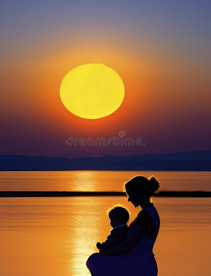 Silhouette of a Mother and Her Child on the Sunset Stock Illustration ...