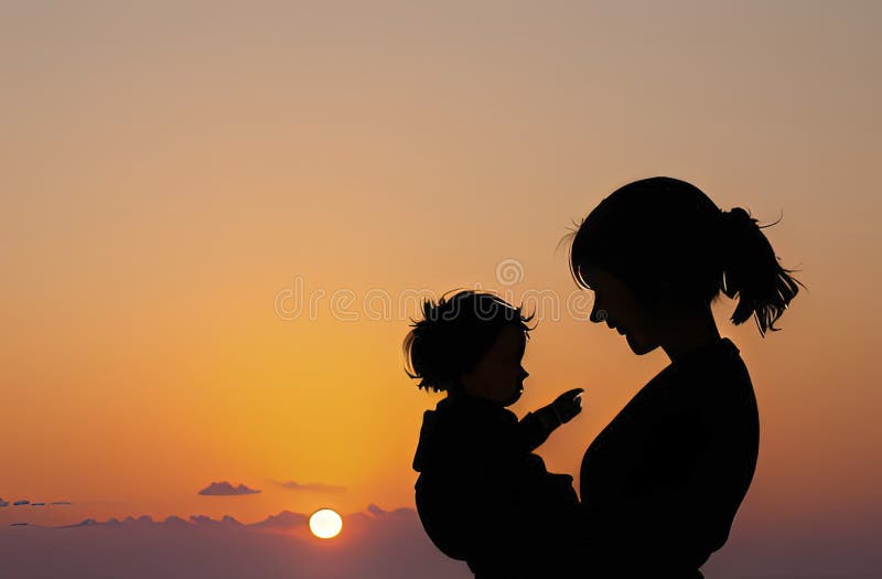 Silhouette of a Mother and Her Child on the Sunset Stock Illustration ...