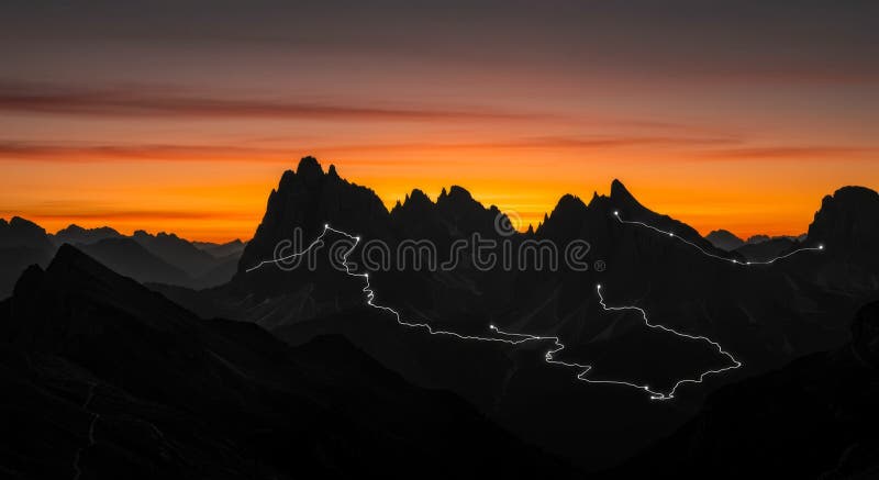 Silhouette of Mountains at Sunset with Illuminated Path Stock ...