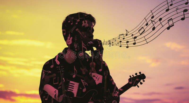 Silhouette of a Musician with Musical Notes and Instruments at Sunset ...