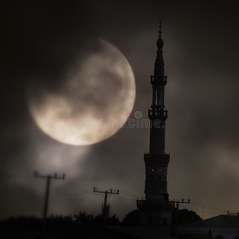 Silhouette of Muslim Mosque Under Full Moon Light Sky in Dark Night ...