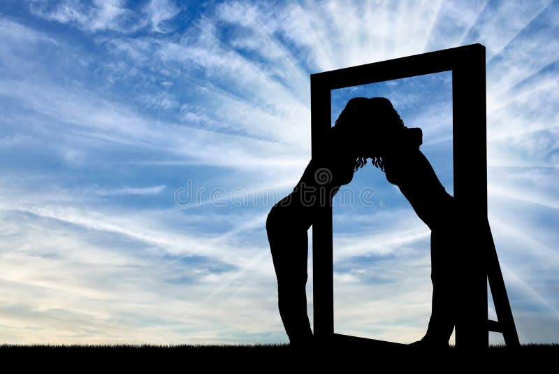 Fat Sad Man And His Reflection In The Mirror Of A Normal Man Against ... Fat Sad Man And His Reflection In The Mirror Of A Normal Man Against ...