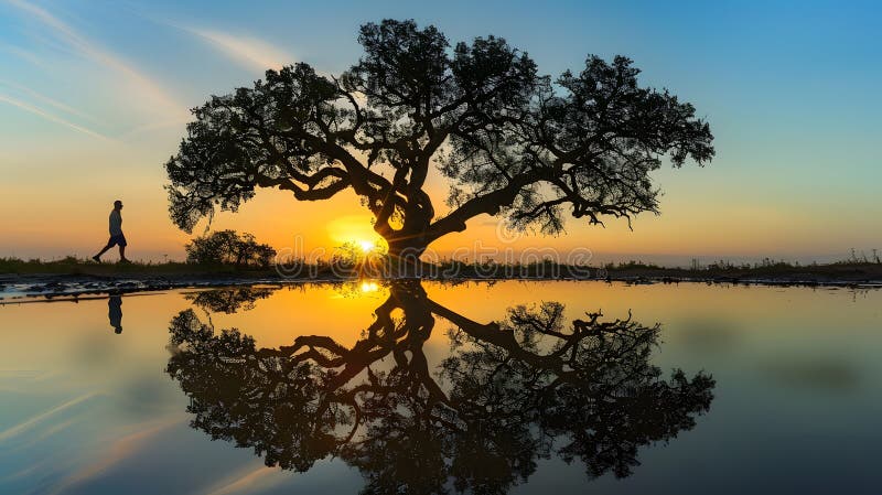 Silhouette of Oak Tree Shaped Like Sun at Sunset Stock Illustration ...