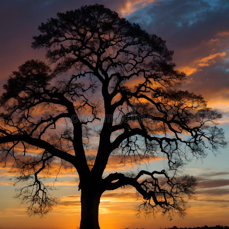 Silhouette of Oak Tree at Sunset with Birds in the Sky Stock ...
