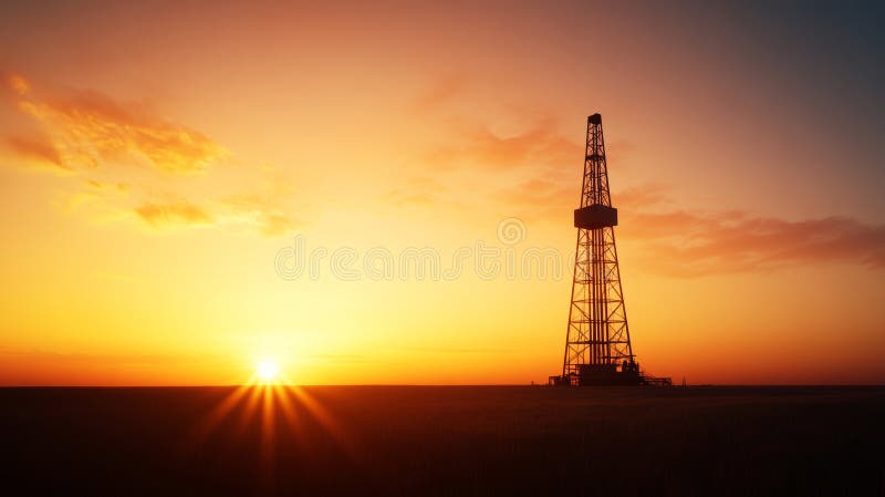 Silhouette of an Oil Derrick in the Middle of a Plain Landscape at ...
