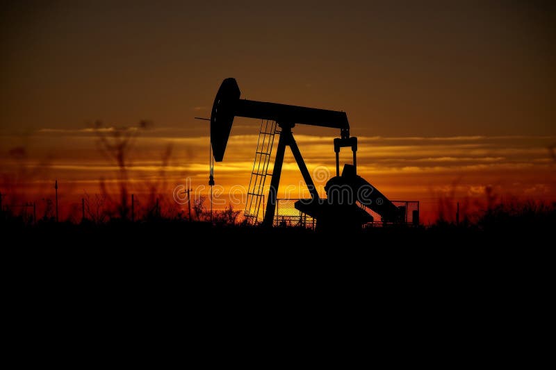 Silhouette of Oil Pump in Operation at Drilling Site Against Beautiful ...