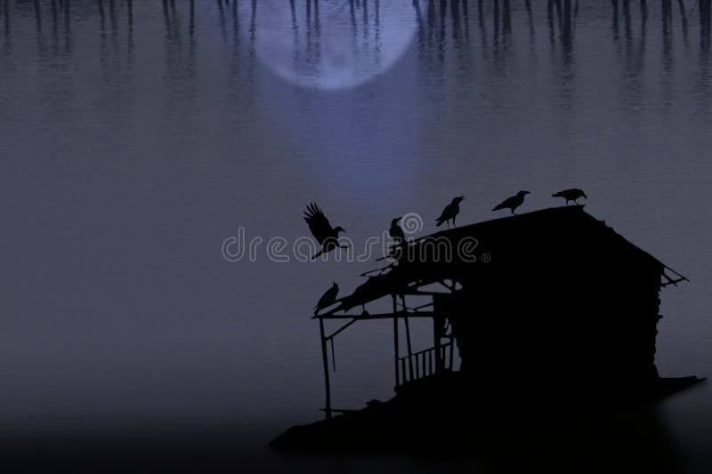The Silhouette of an Old Abandoned Raft Floating in the Water and a ...