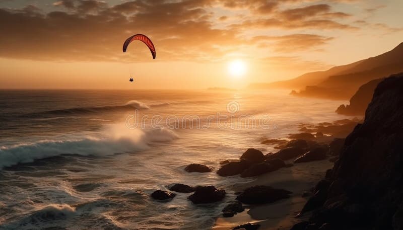 Silhouette of One Person Flying High in the Back Lit Sky Generated by ...