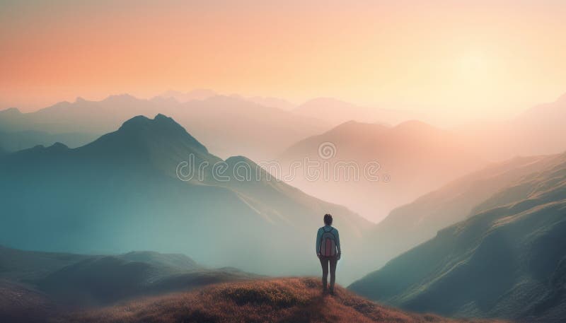 Silhouette of One Person Standing on Mountain Peak at Sunrise Generated ... Silhouette of One Person Standing on Mountain Peak at Sunrise Generated ...