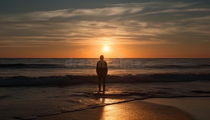 Silhouette of One Person Standing at Waters Edge, Enjoying Solitude ...