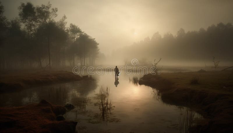 Silhouette of One Person Walking in Tranquil Forest at Dusk Generated ...