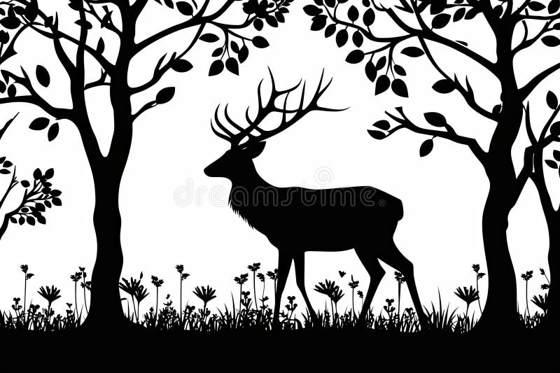 Silhouette Outline of a Deer in a Forest on White Stock Illustration ...