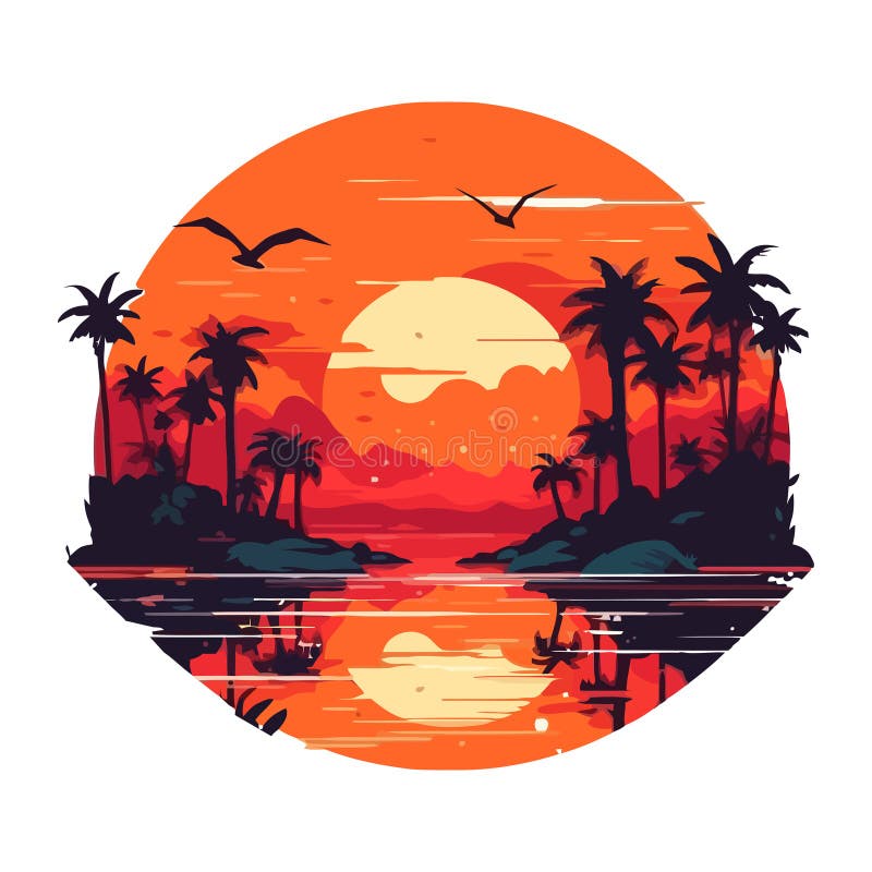 Silhouette Palm Tree Against Orange Sunset Backdrop Stock Vector ...