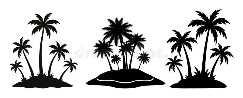 Silhouette Palm Tree Island Clipart Set Tropical Black Vector ...