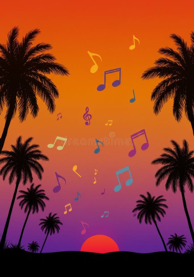 Silhouette Palm Trees Sunset with Colorful Music Notes Stock ...